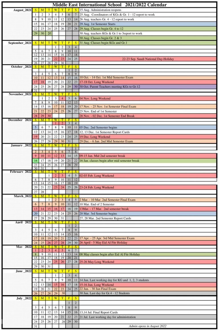 School Calendar - Middle East International School