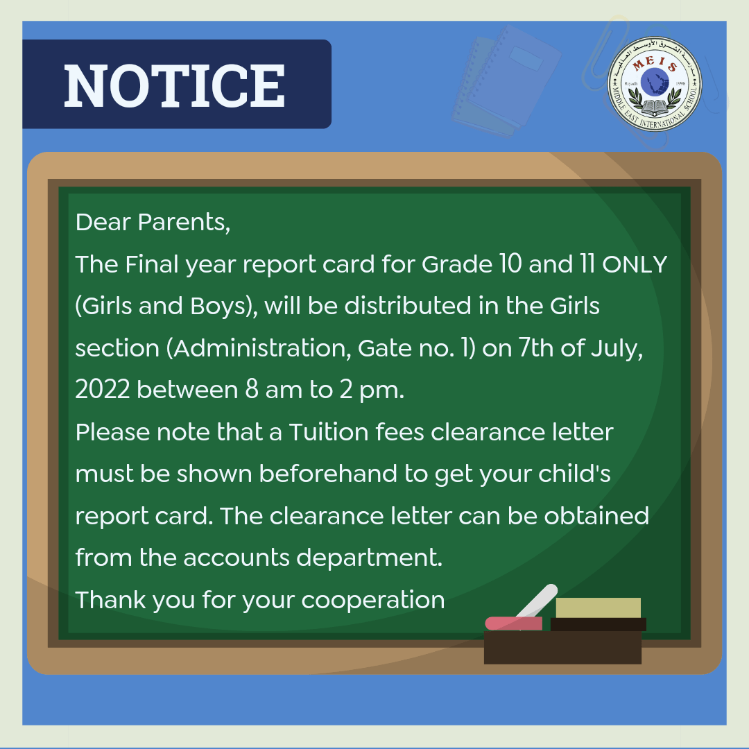 Grade 10 and 11 Final Year Report Card - Middle East International School