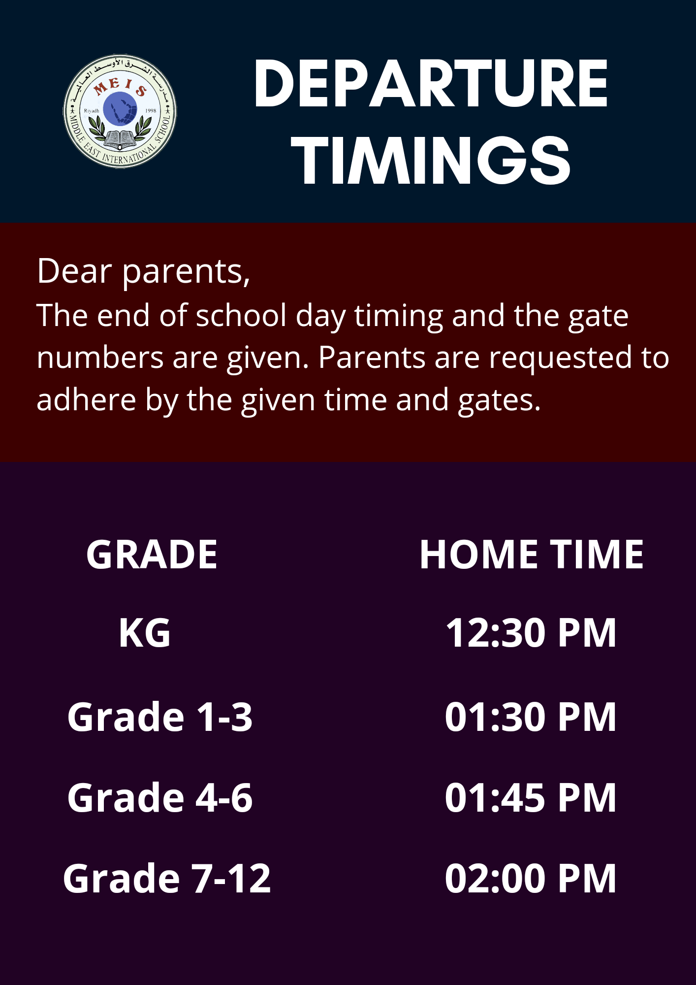 Dispersal Timings and Gate no. - Middle East International School