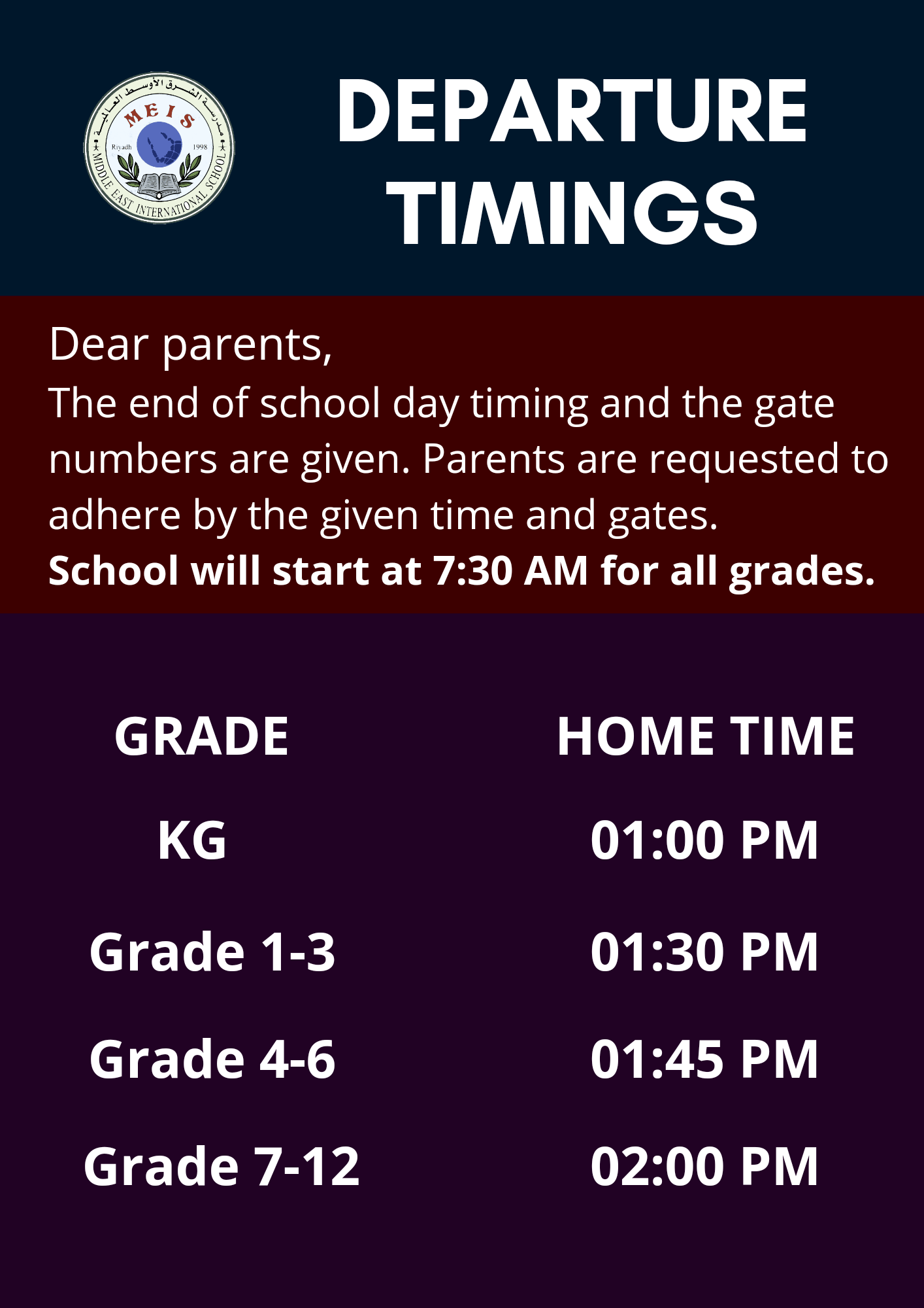 Dispersal Timings - Middle East International School