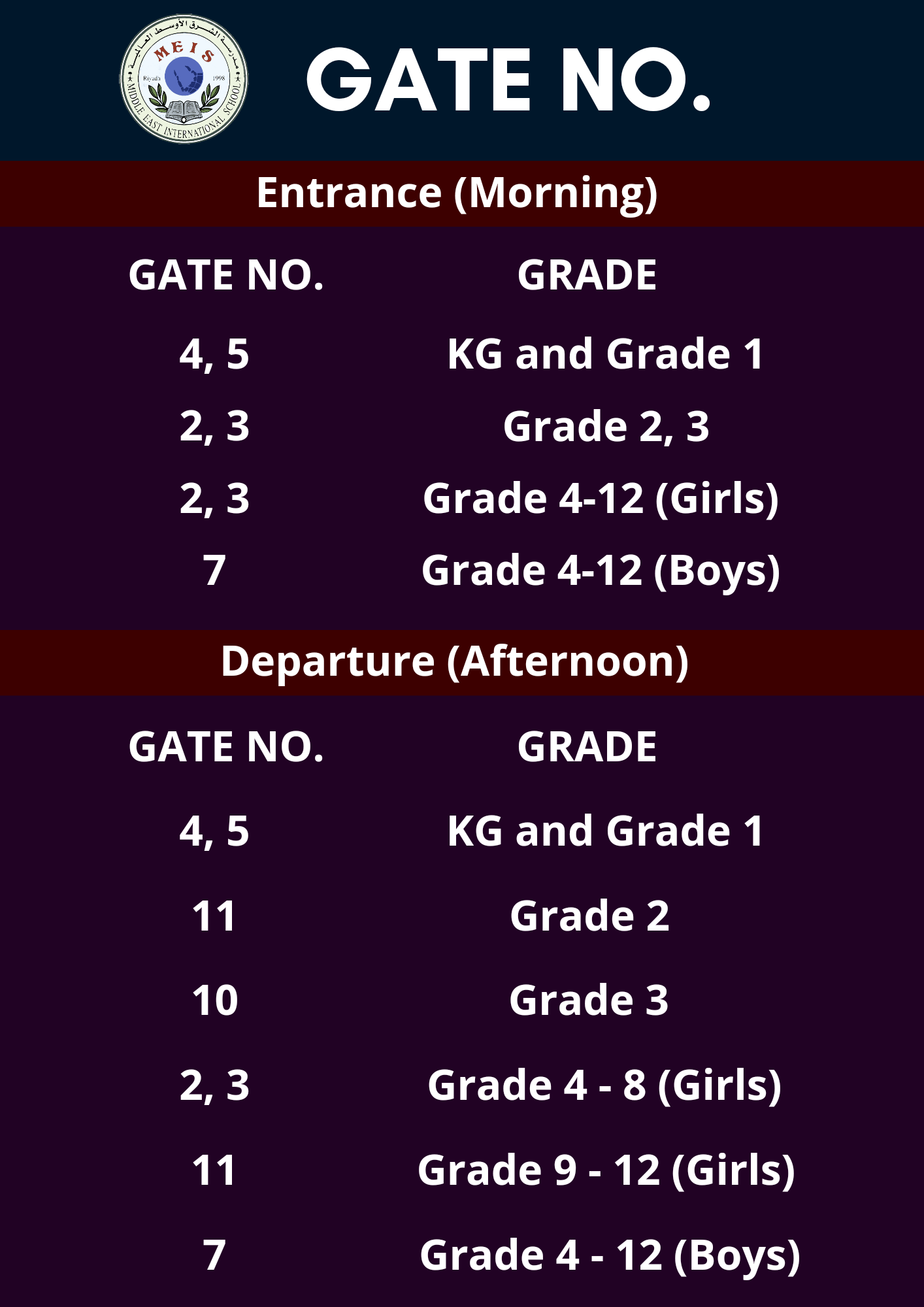 Gate no. for each grade - Middle East International School