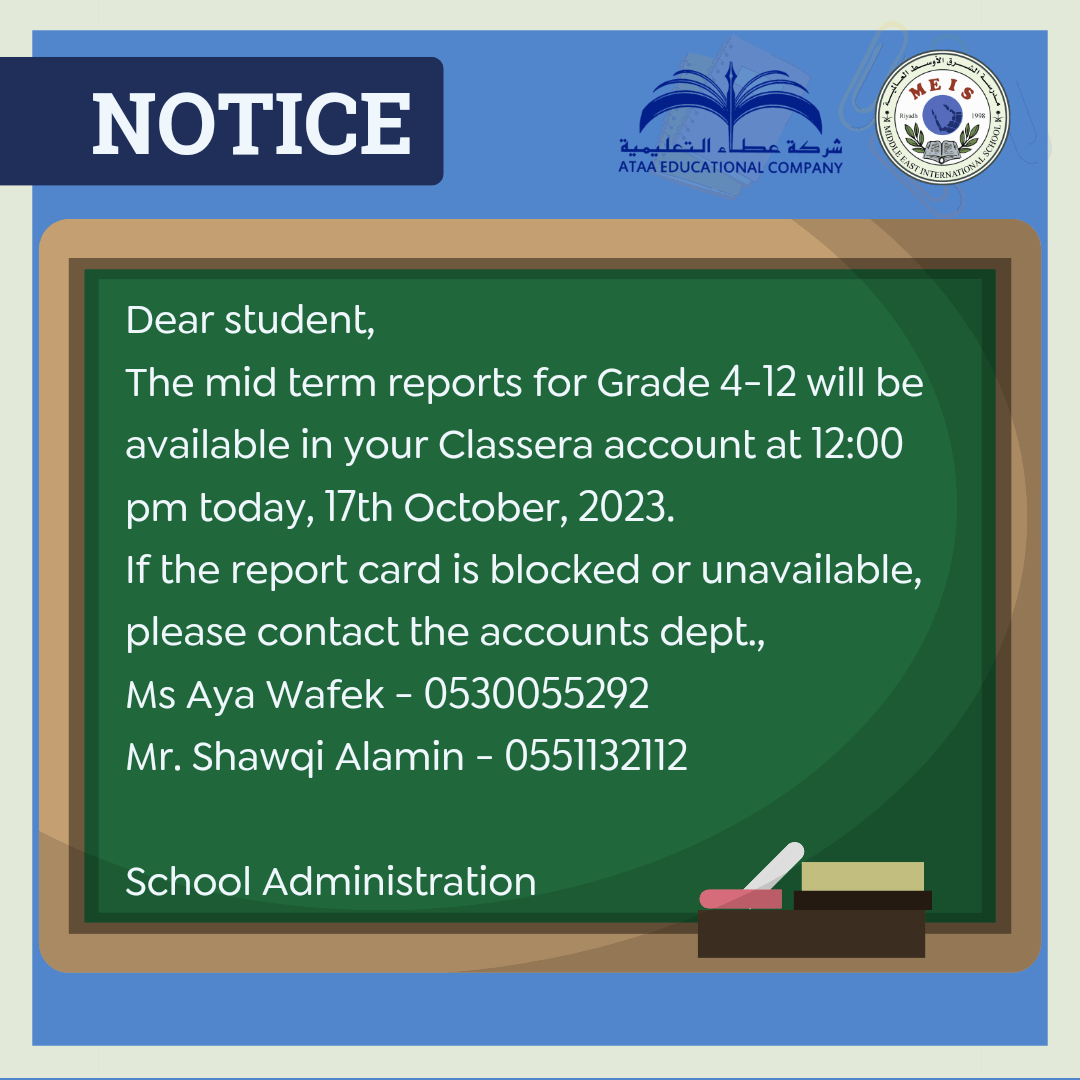 First Mid term reports for Grade 4 to 12 - Middle East International School